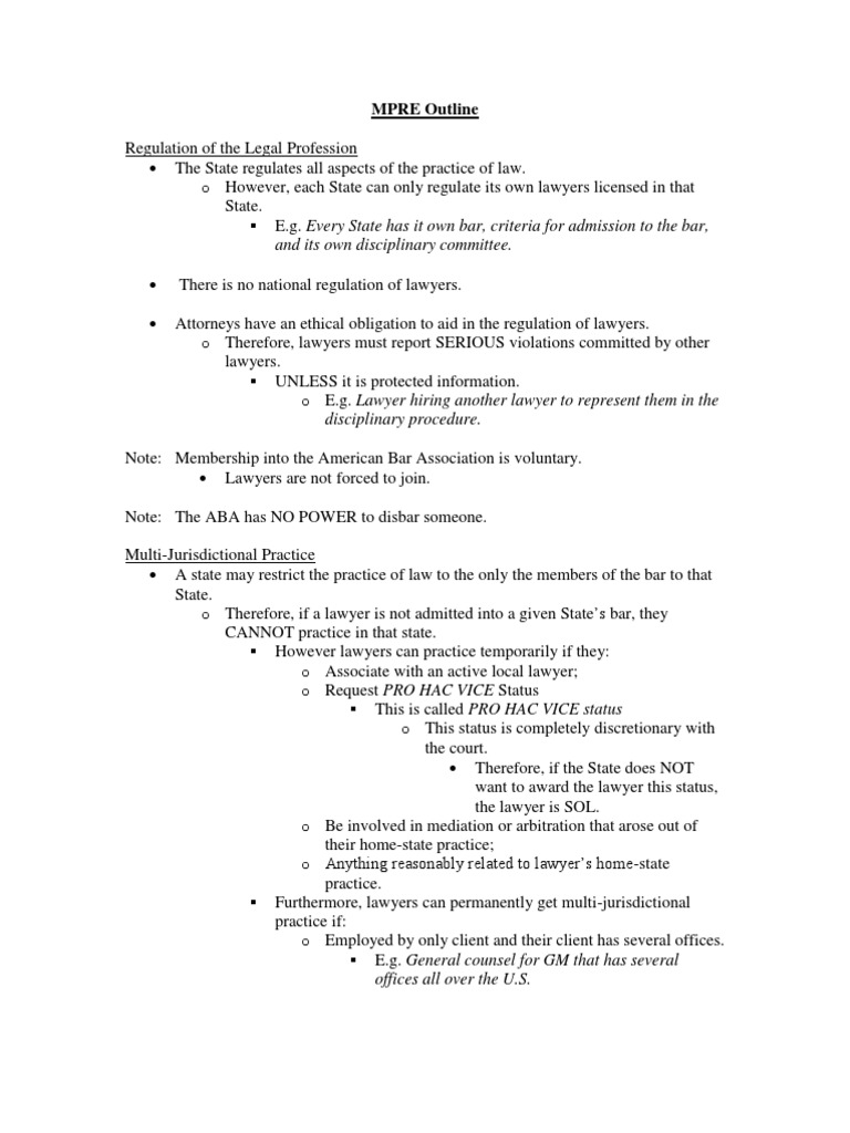 MPRE Outline | PDF | Practice Of Law | Lawyer