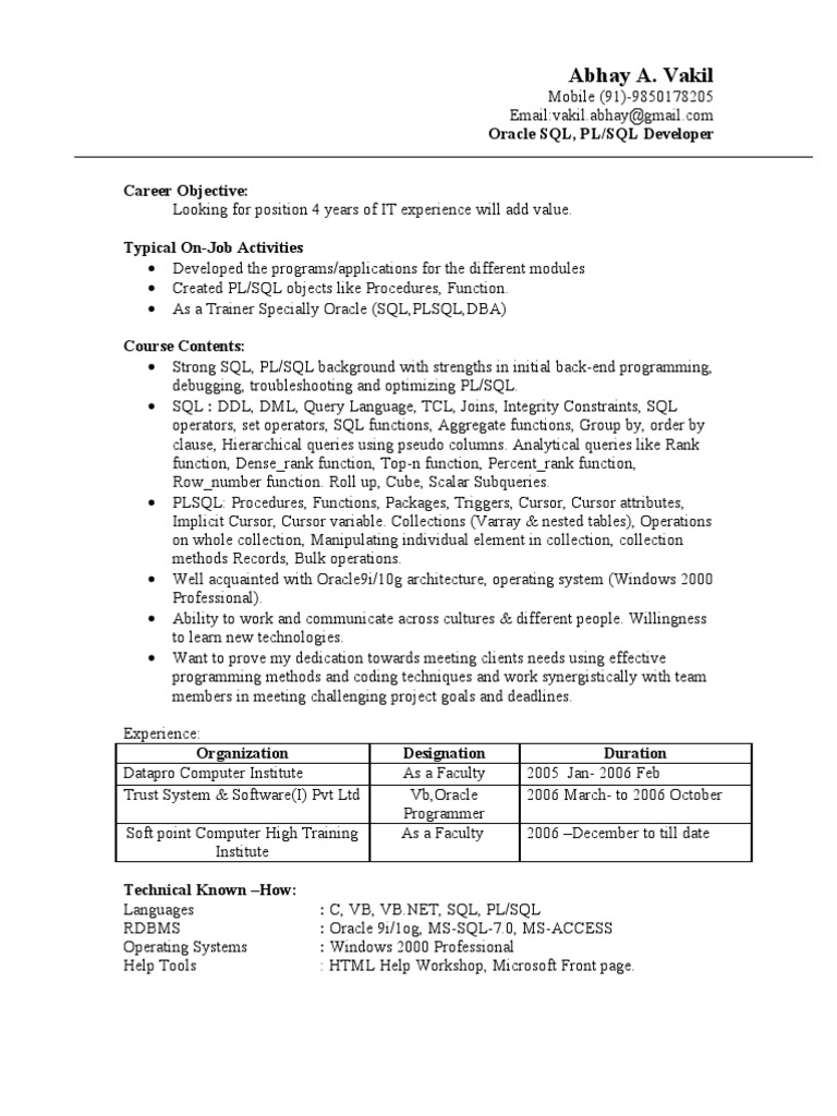 Abhay Resume | PDF | Pl/Sql | Sql