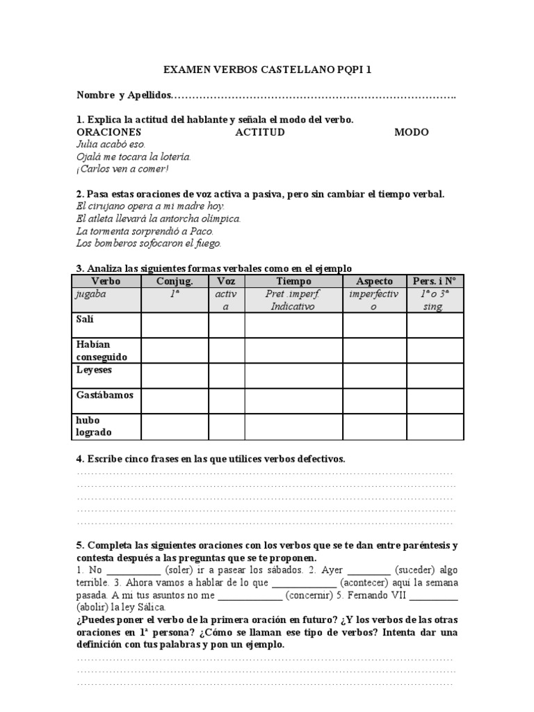 Examen Verbos Castellano Pqpi 11 | PDF
