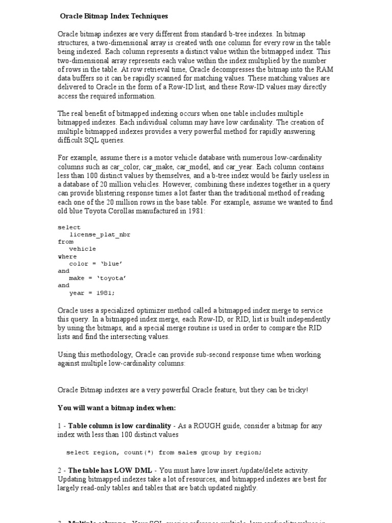 Oracle Bitmap Index Techniques | PDF | Database Index | Oracle Database