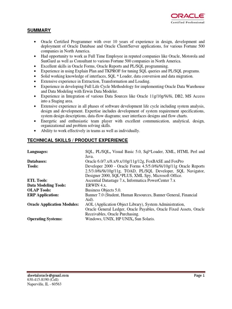 Oracle PL SQL Developer Program Analyst in Chicago IL Resume Sheetal Sood | PDF | Oracle ...