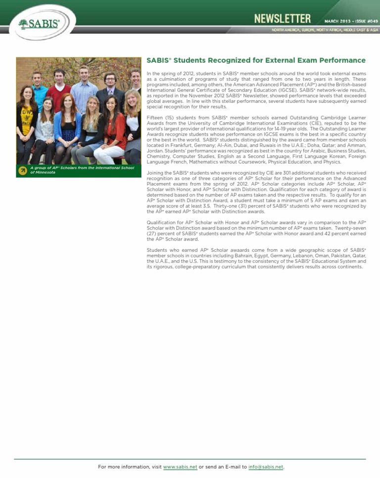 2013 SABIS Network-Wide External Exam Recognition | PDF | School Types ...