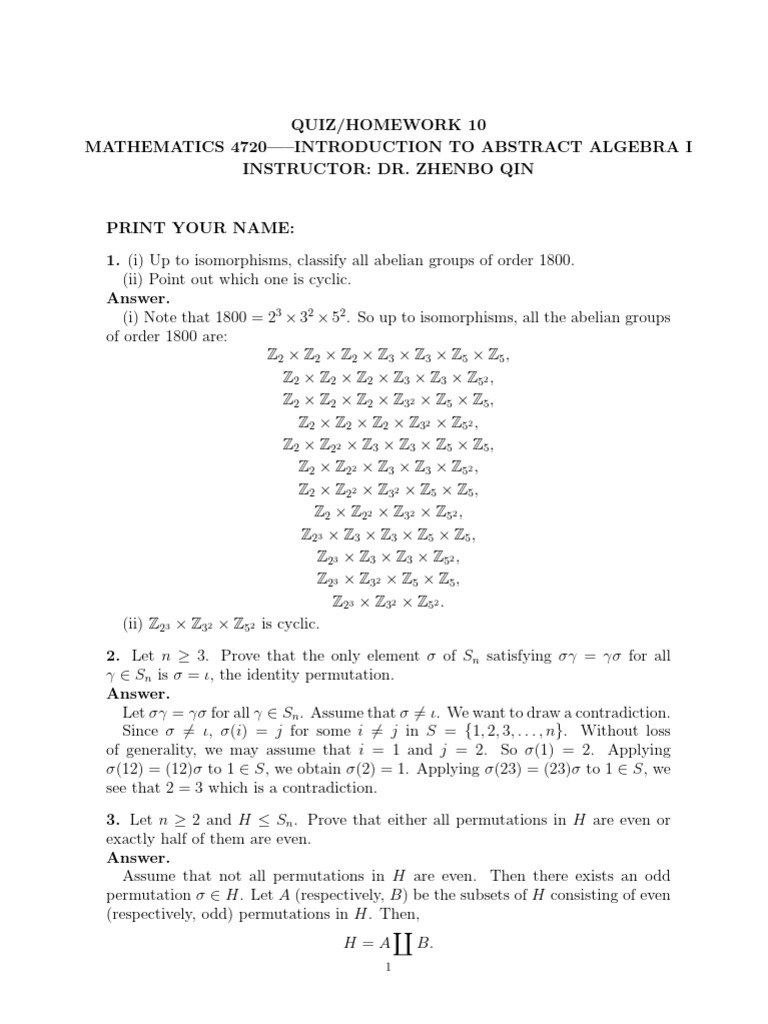 4720 Quiz Abstract Algebra | PDF | Group (Mathematics) | Index Of A ...