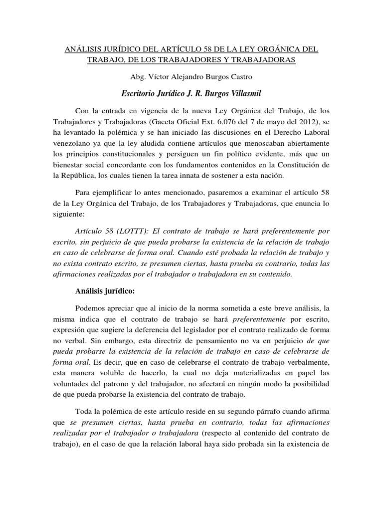 Análisis del Artículo 58 LOTTT | PDF | Derecho laboral | Constitución
