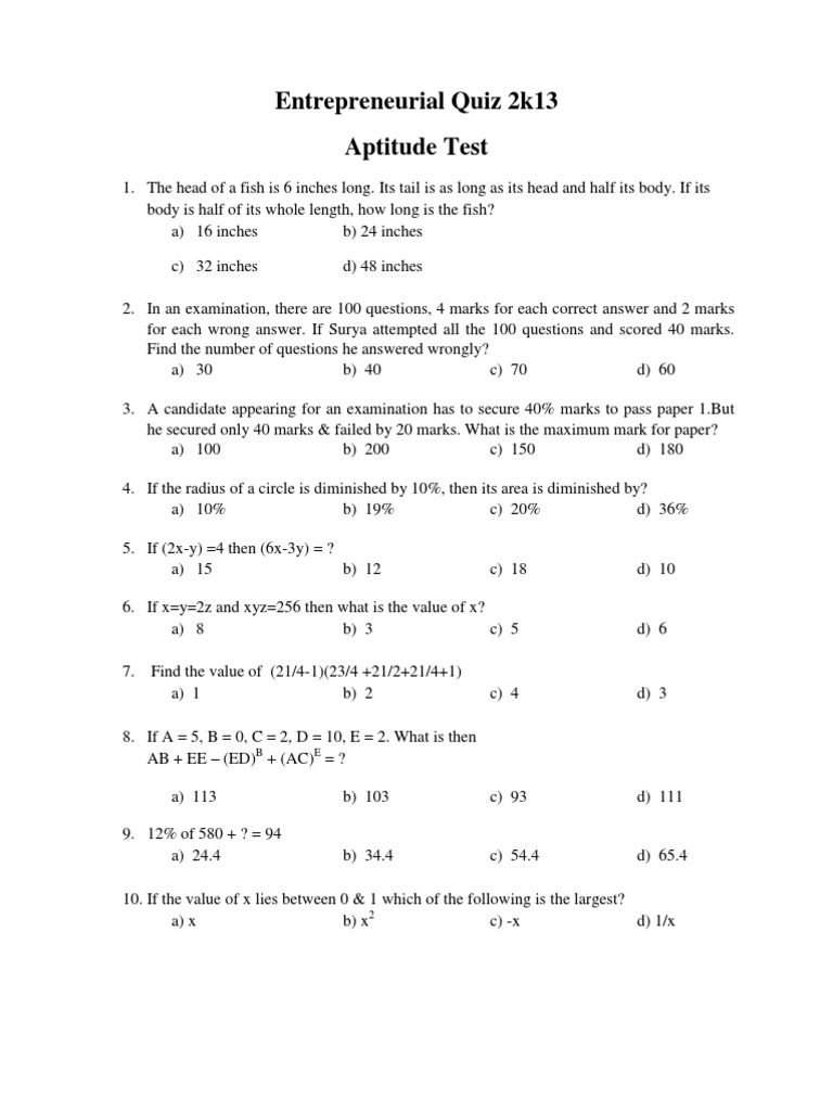 Entrepreneurial Quiz 2k13 Aptitude Test | PDF | Test (Assessment ...