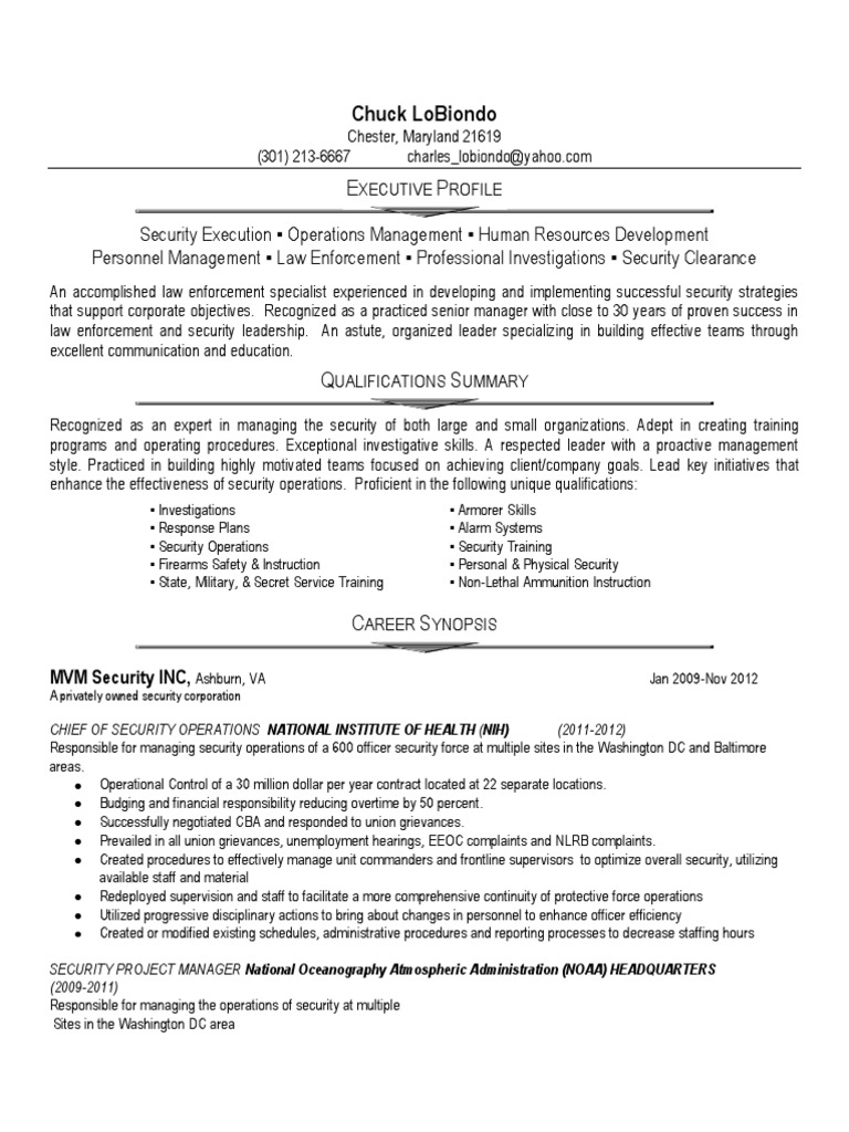 Security Operations Management Director in Washington DC Resume Chuck ...