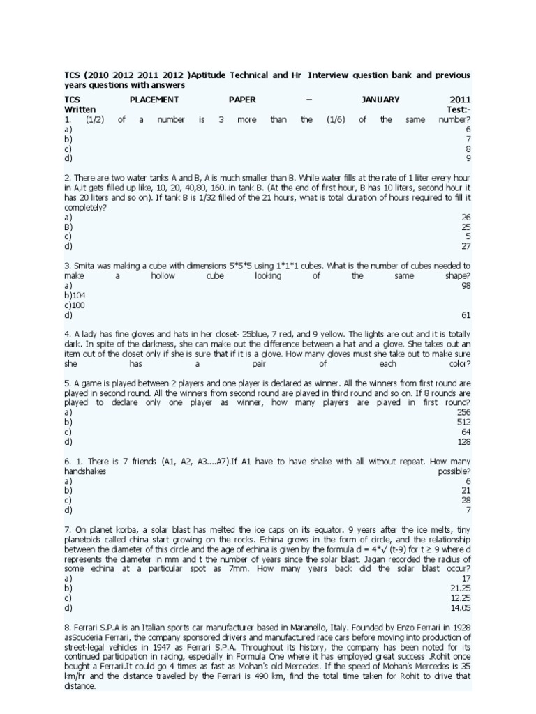 TCS (2010 2012 2011 2012) Aptitude Technical and HR Interview Question Bank and Previous Years ...