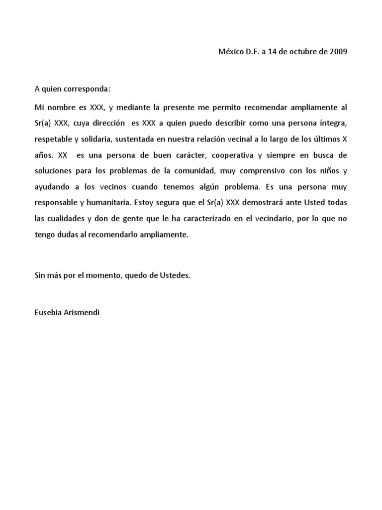 Carta de Recomendacion Vecinal | PDF