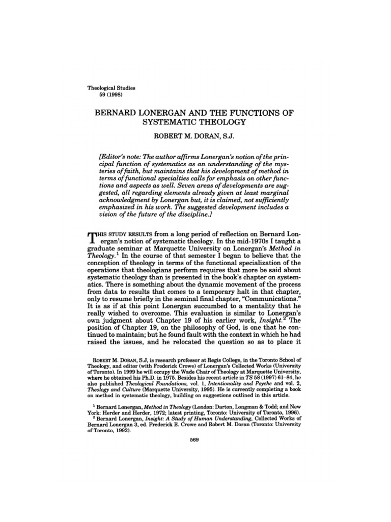 Bernard Lonergan and The Functions of Systematic Theology | PDF ...