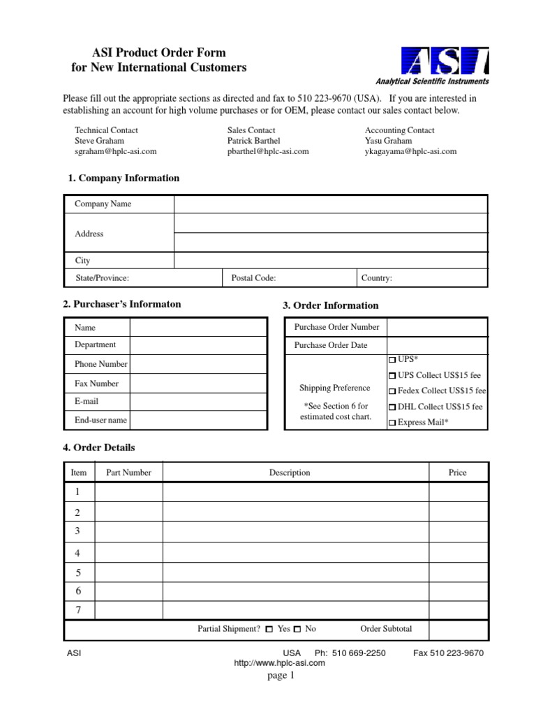 ASI Product Order Form For New International Customers: 1. Company ...