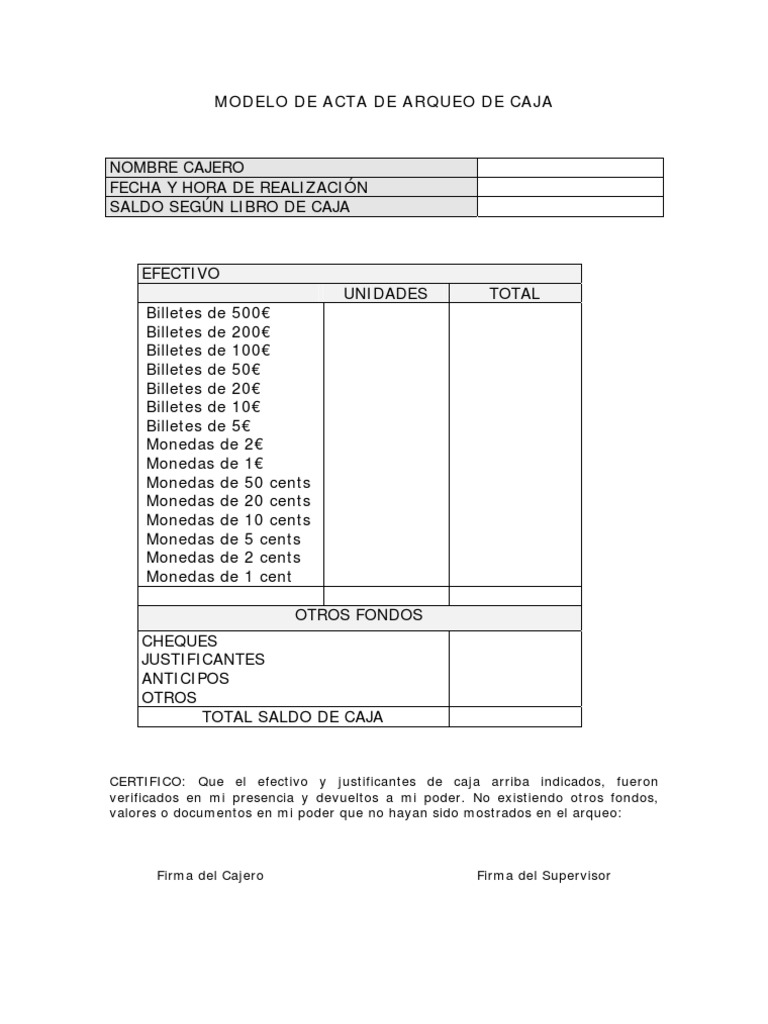 01 Modelo Acta Arqueo Caja | PDF