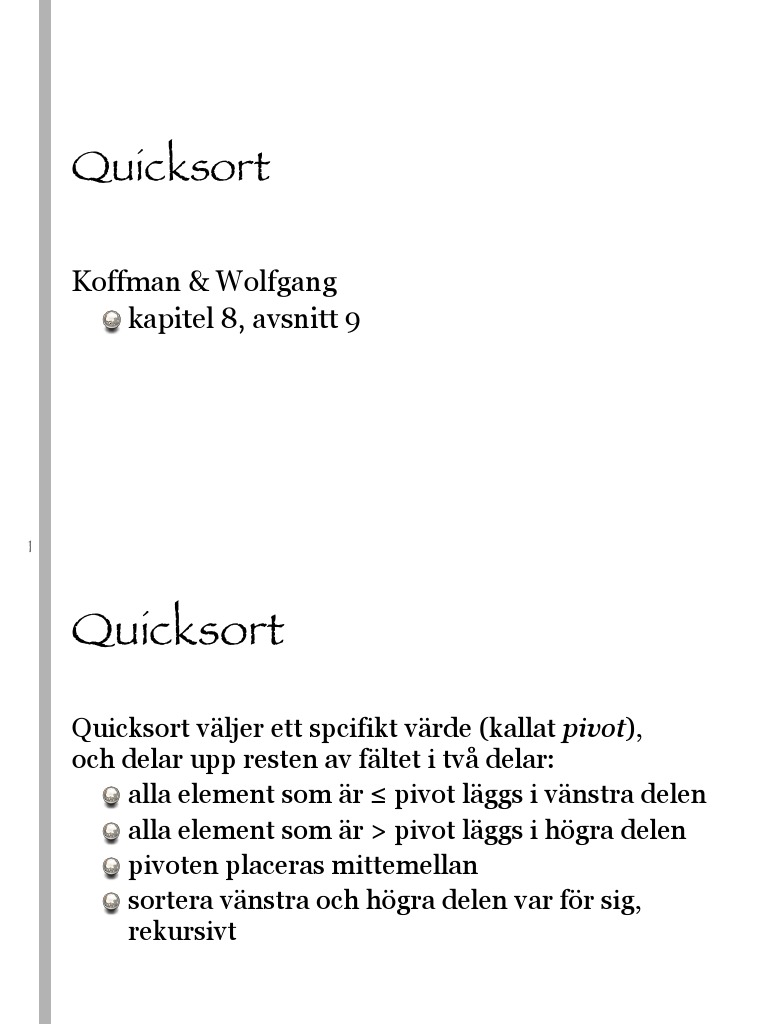 Quicksort: Koffman & Wolfgang Kapitel 8, Avsnitt 9 | PDF | Combinatorics | Algorithms And Data ...