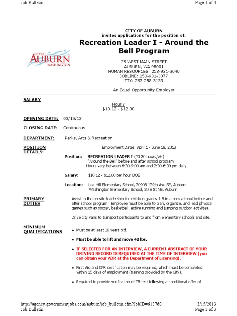 Recreation Leader I - Around The Bell Program | PDF | Employment ...