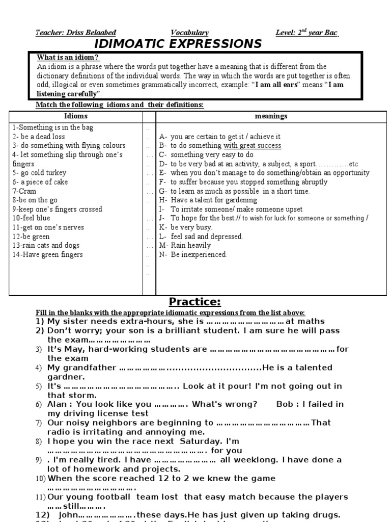 Bac Idomatic Expressions | PDF | Idiom | Communication