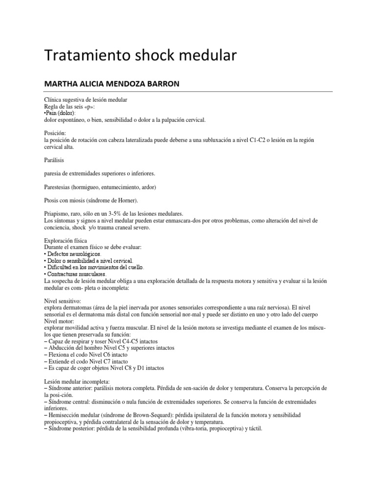 Tratamiento Shock Medular | PDF | Lesión de la médula espinal | Lesión