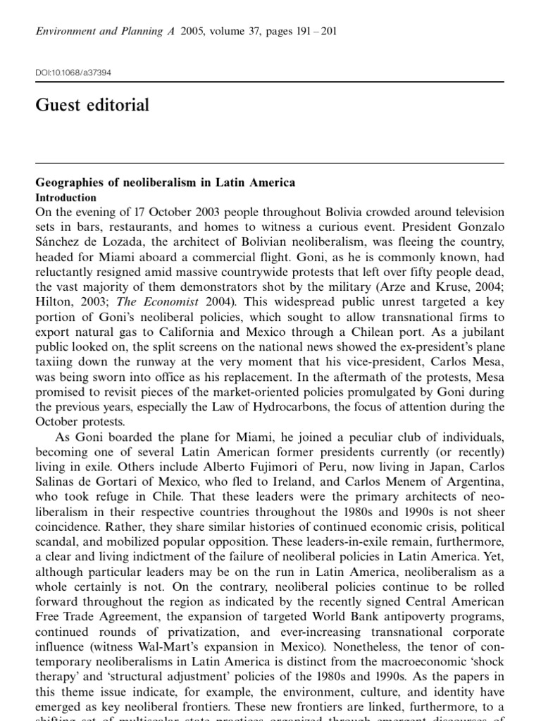 Perreault. 2005. Geographies of Neoliberalism in Latin America | PDF ...