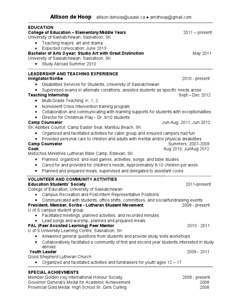 Allison Resume 1 PG | PDF | Students | Saskatchewan