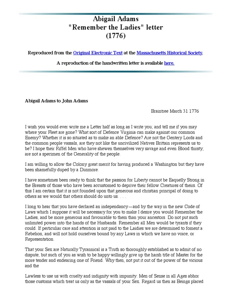 Adams, "Remember The Ladies" (1776) | PDF | Abigail Adams