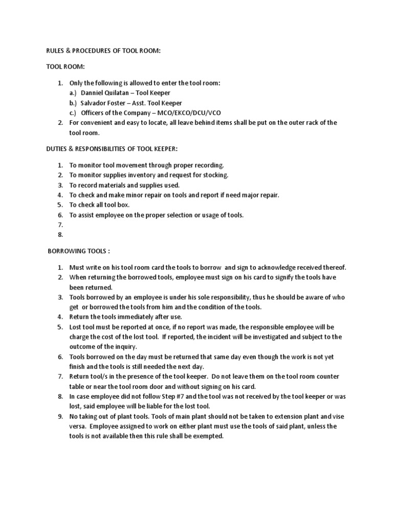 Rules & Procedures of Tool Room | PDF | Business
