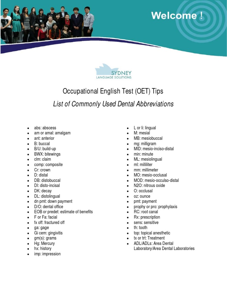 Sydney Language Solutions - OET Tips (Dental Abbreviations) | PDF
