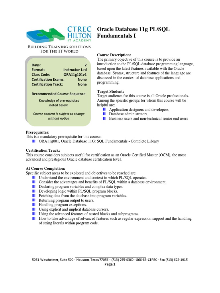 Ora11g101v1 Oracle Database 11g Pl Sql Fundamentals I Pdf Plsql Sql 3216