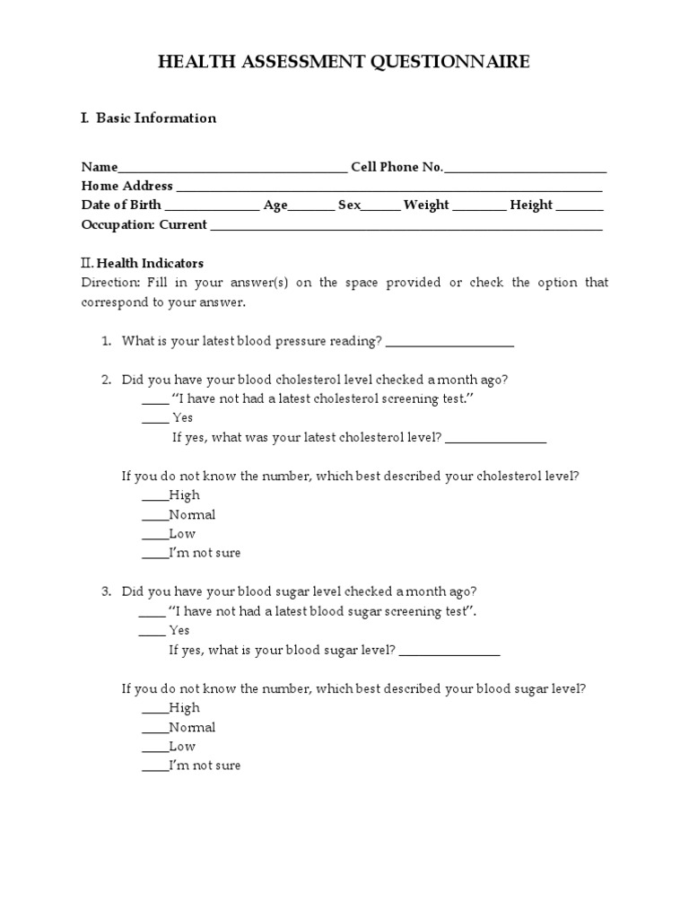 Health Assessment Questionnaire Form | PDF