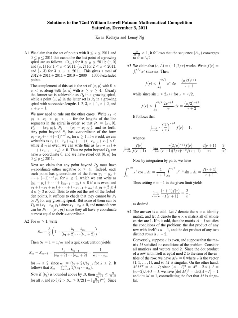 Solutions To The 72nd William Lowell Putnam Mathematical Competition Saturday, December 3, 2011 ...