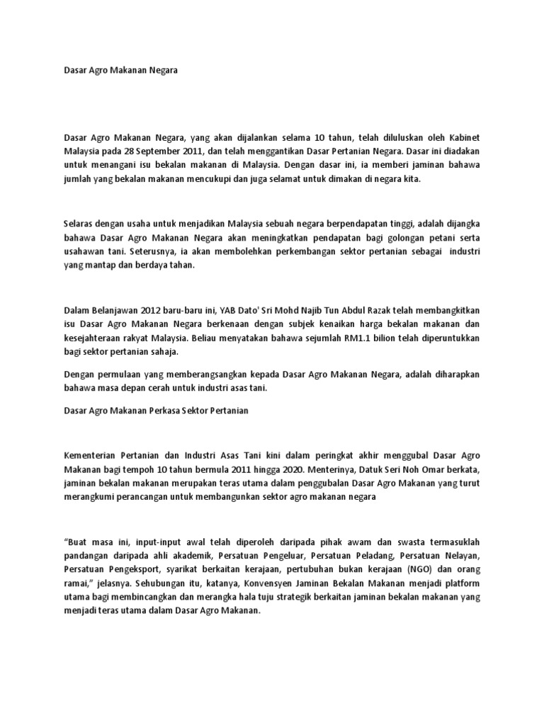 Dasar Agro Makanan Negara | PDF