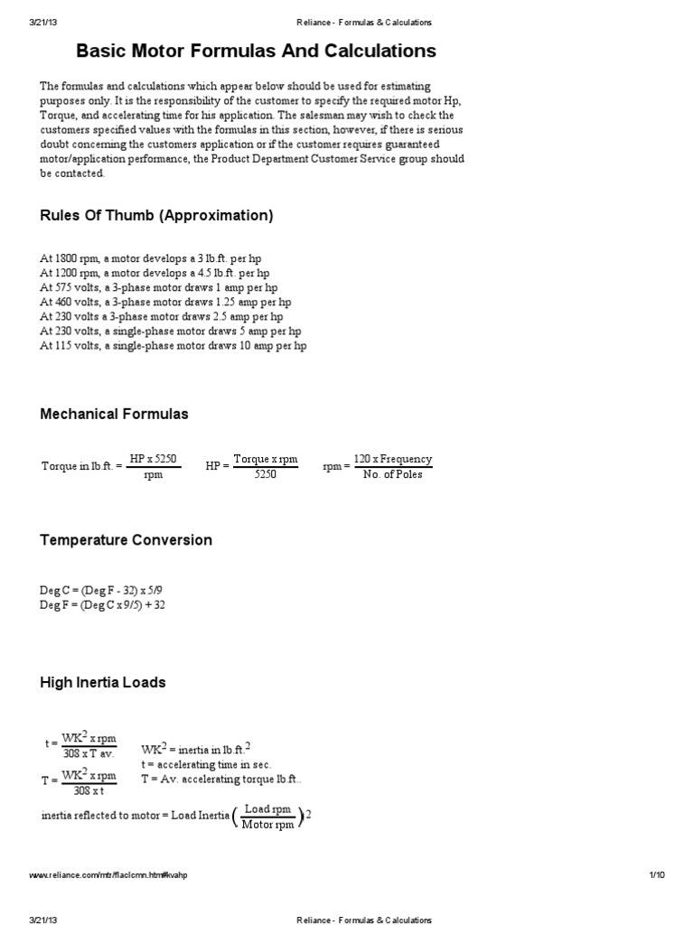 Reliance - Formulas & Calculations | PDF | Horsepower | Engines