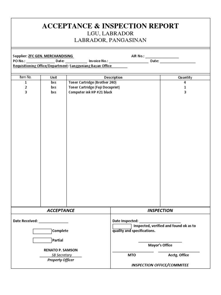 Acceptance and Inspection Report | Office Work | Office Equipment