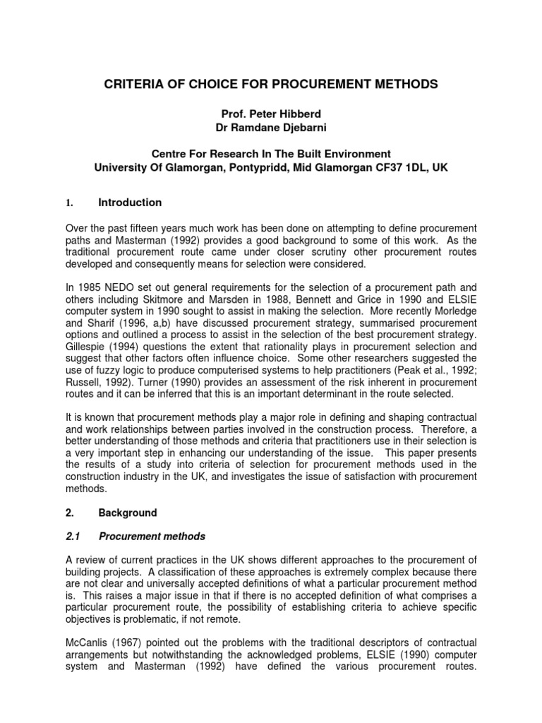 Criteria of Choice For Procurement Methods | PDF | Procurement | Risk