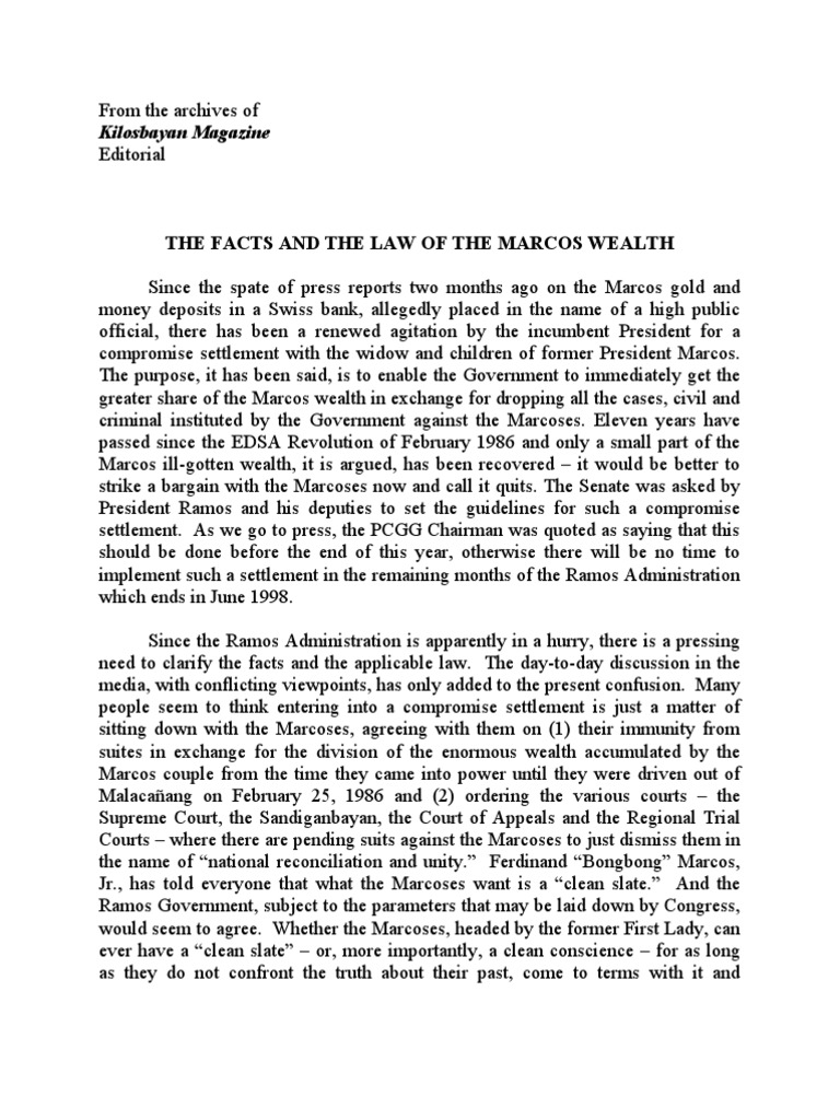 Facts on Marcos Wealth and Legal Issues | PDF | Asset Forfeiture | Lawsuit