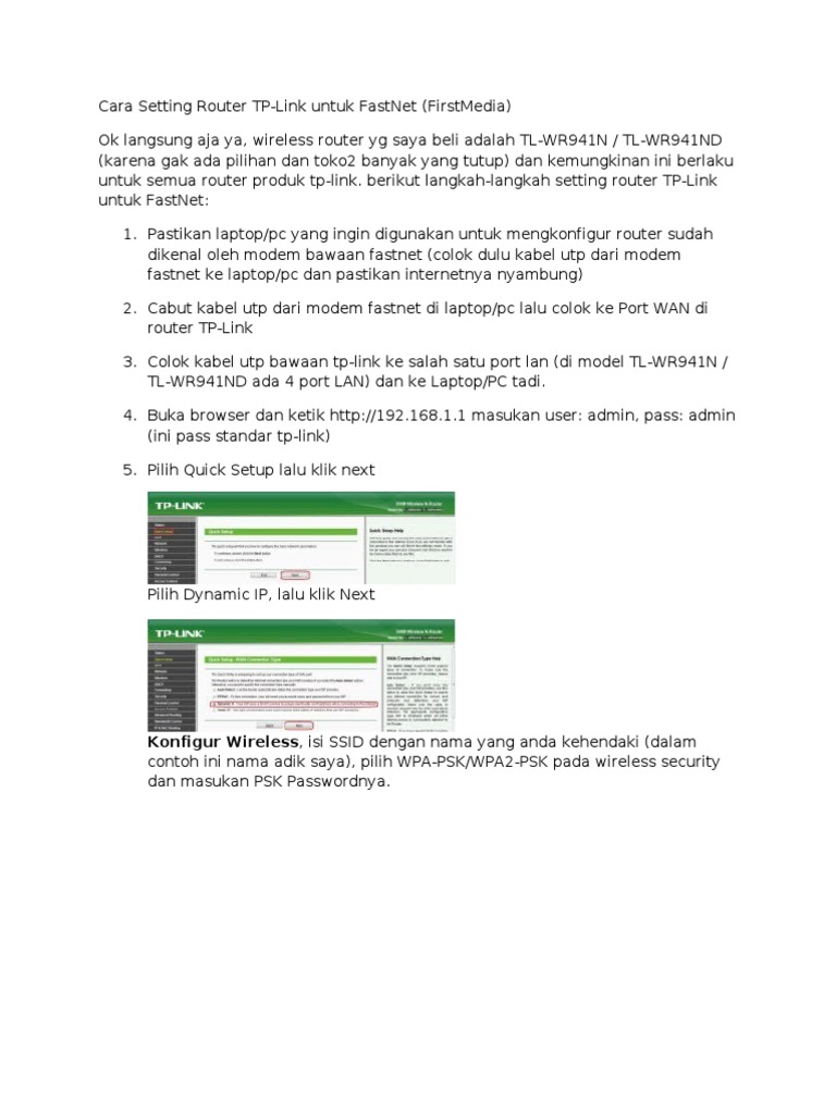 Panduan Setting Router TP-Link FastNet | PDF