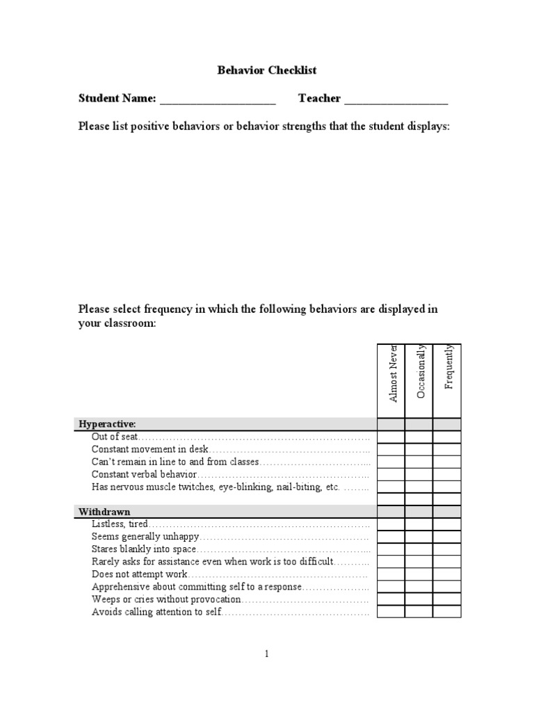 Student Positive Behavior Checklist | PDF