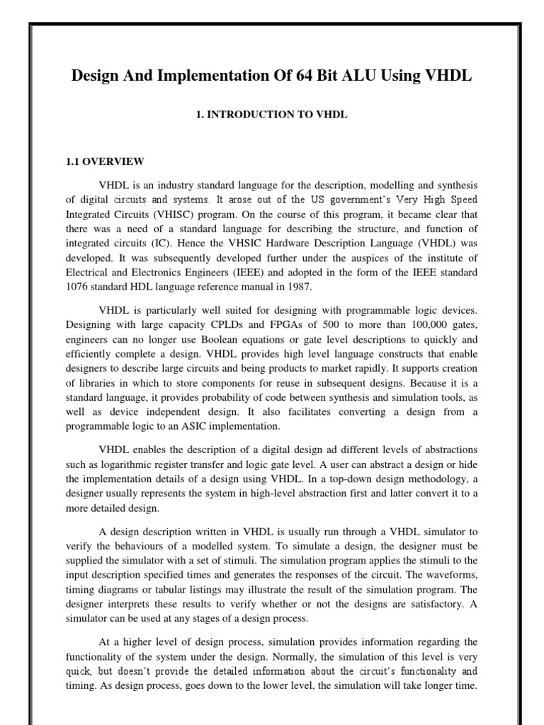 64-Bit ALU Design Using VHDL | PDF | Vhdl | Central Processing Unit