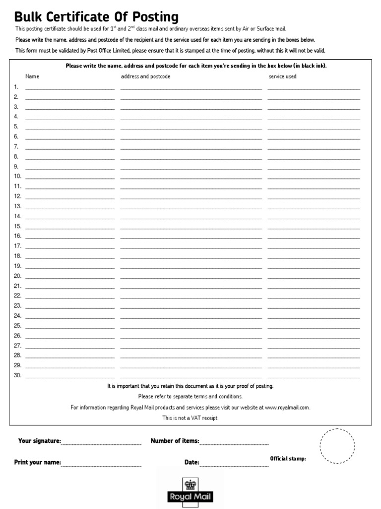 Royal Mail Bulk Posting Certificate | PDF