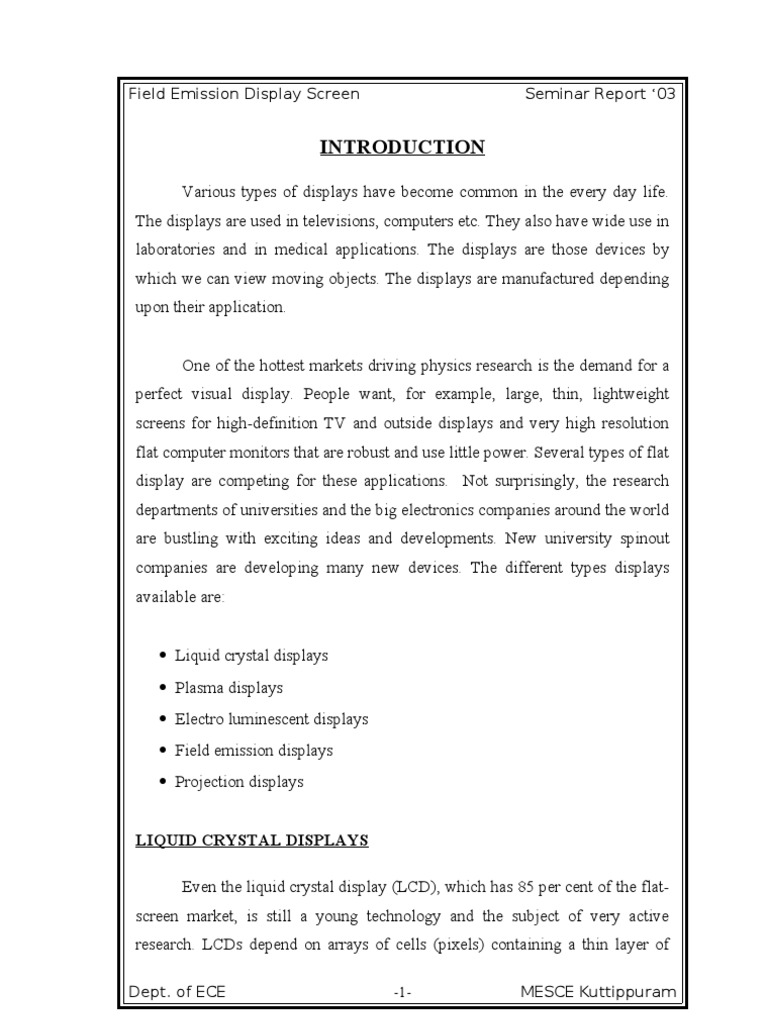 Field Emission Display Screen Seminar Report | PDF | Liquid Crystal ...