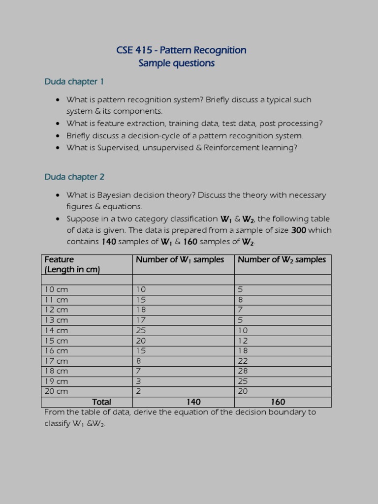 Sample Question | PDF | Pattern Recognition | Statistical Classification