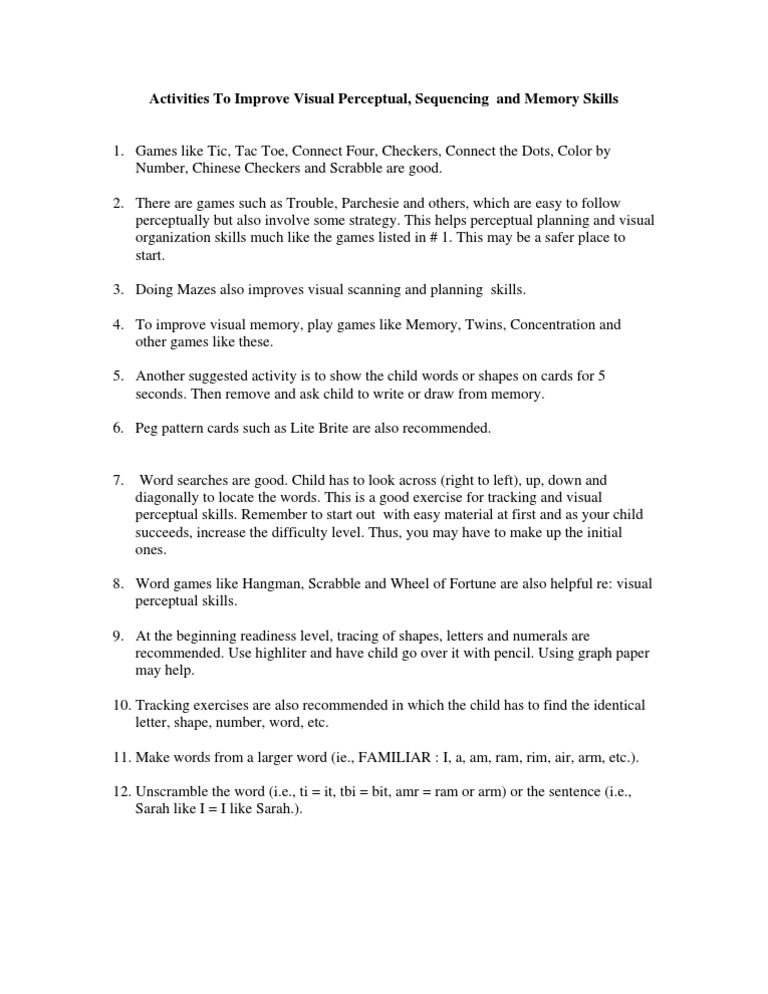 Activities To Improve Visual Perceptual | PDF