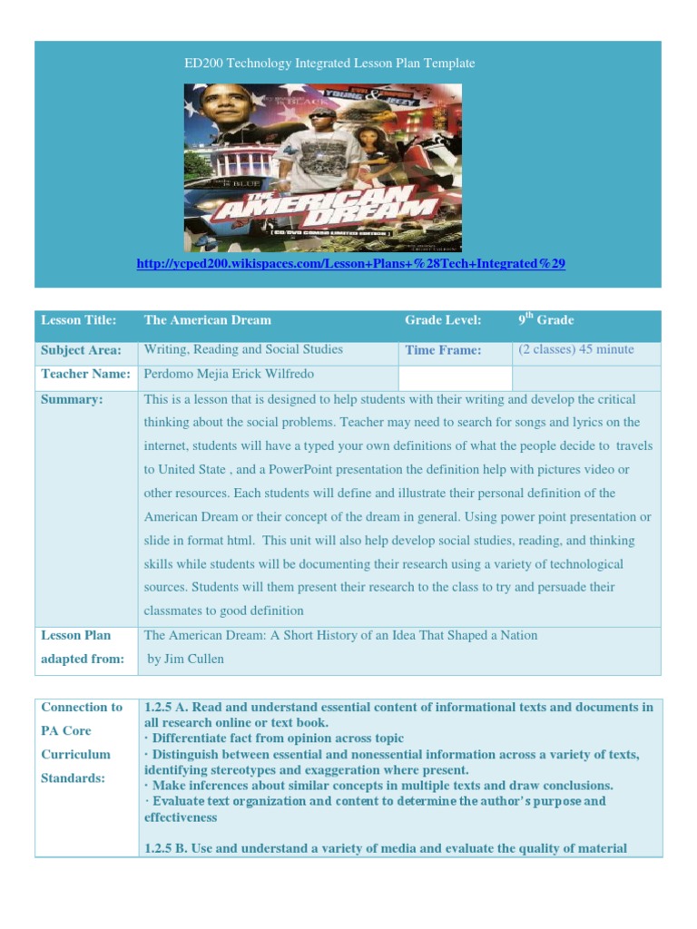 American Dream Lesson Plan for 9th Grade | PDF | Lesson Plan | Information