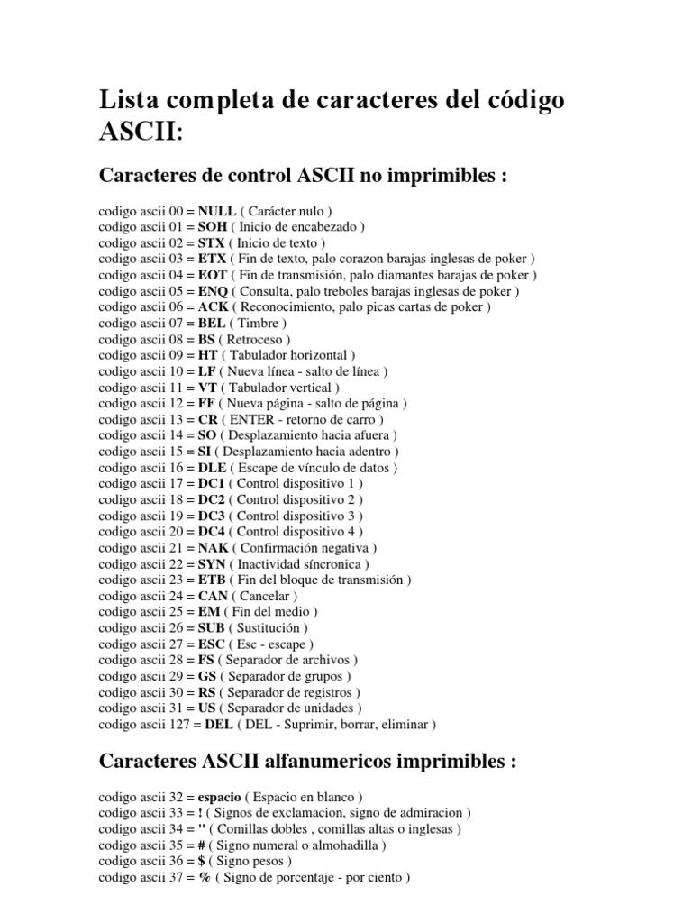 Lista Completa de Caracteres Del Código ASCII | PDF | Ascii | Grafemas