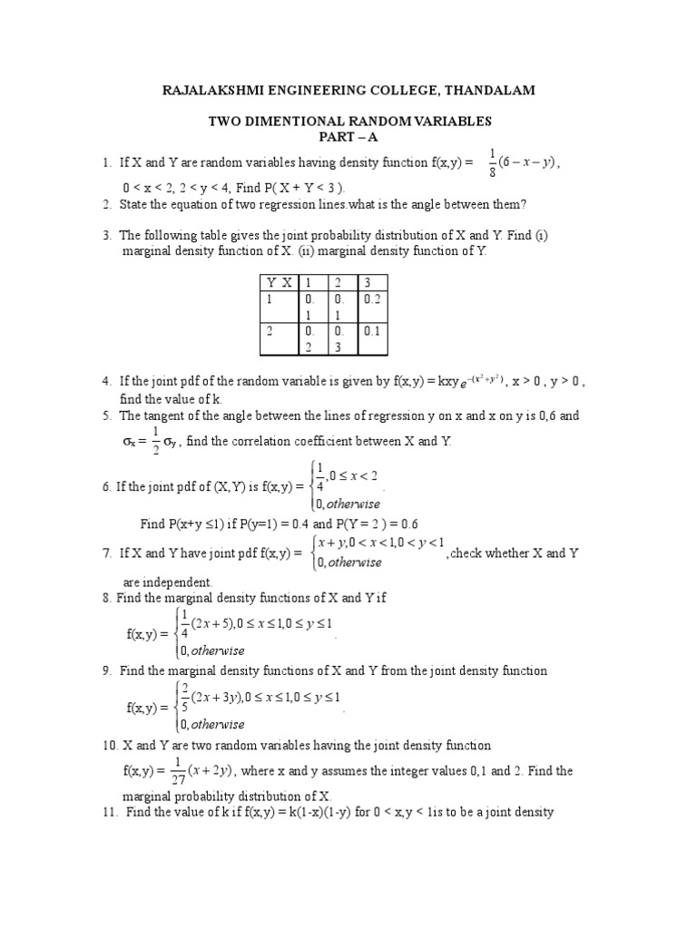 MA1254 Random Processes :: Unit 3 :: Two Dimensional Random Variables | PDF | Probability ...