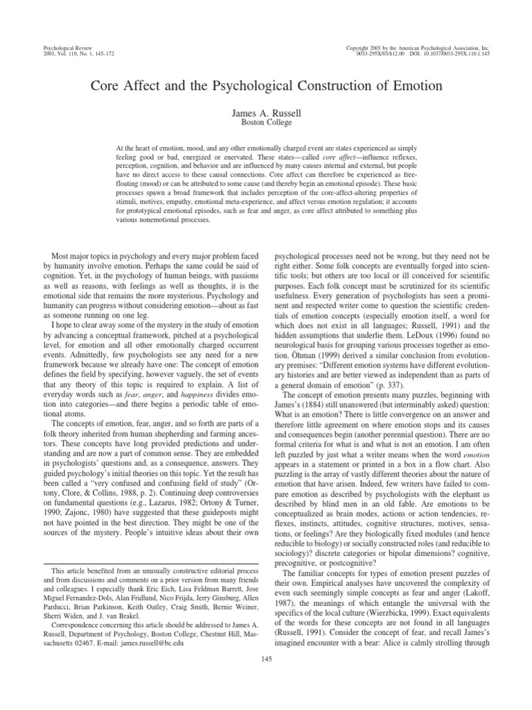 Core Affect and The Psychological Construction of Emotion | PDF ...