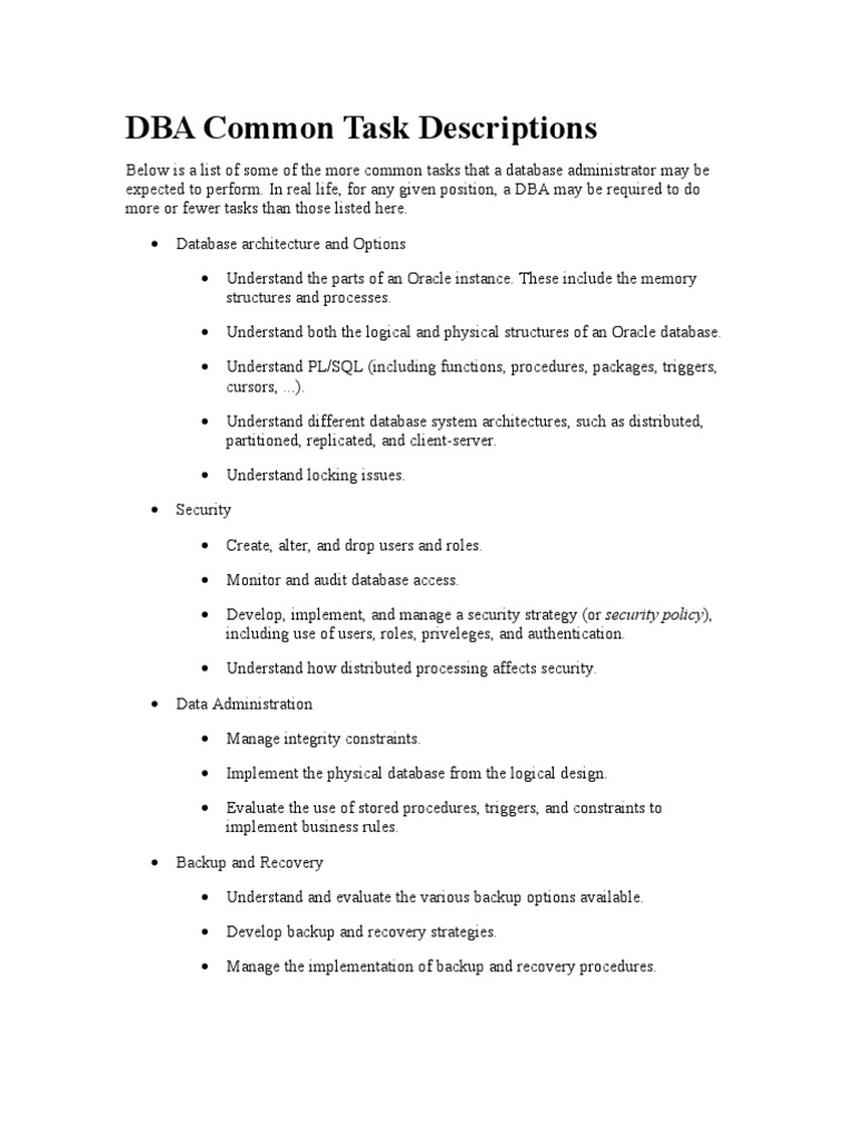DBA Duites | PDF | Oracle Database | Data Management Software