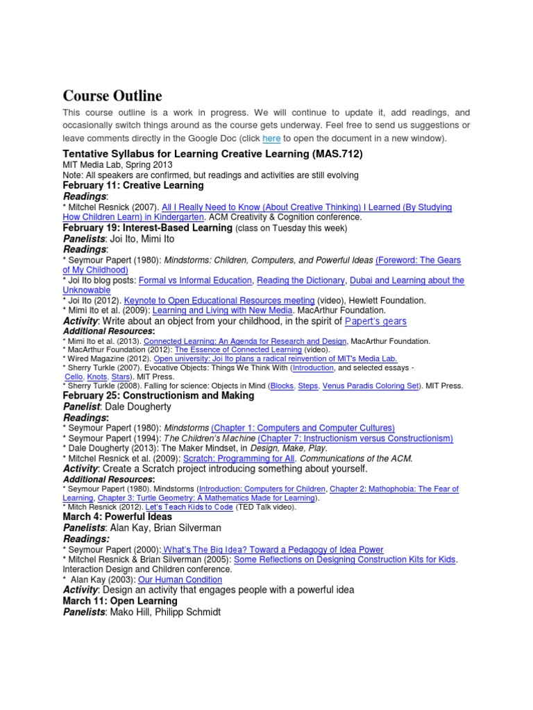 Course Outline: Tentative Syllabus For Learning Creative Learning (MAS ...