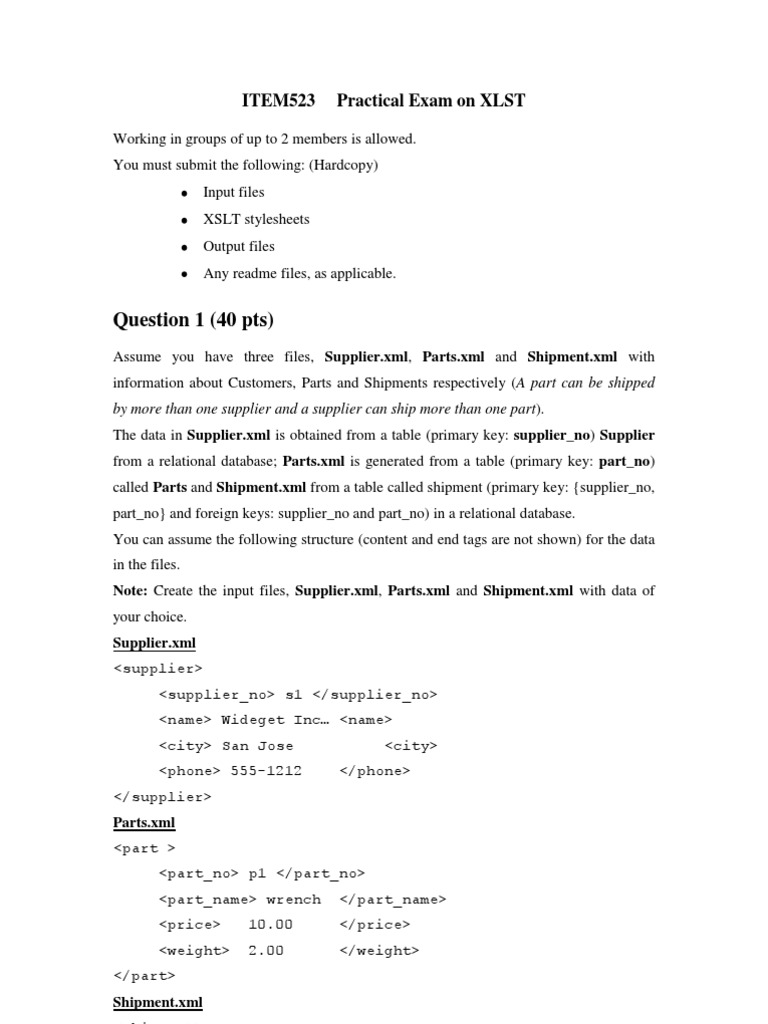 Question 1 40 Pts Item523 Practical Exam On Xlst Pdf Xslt Xml 
