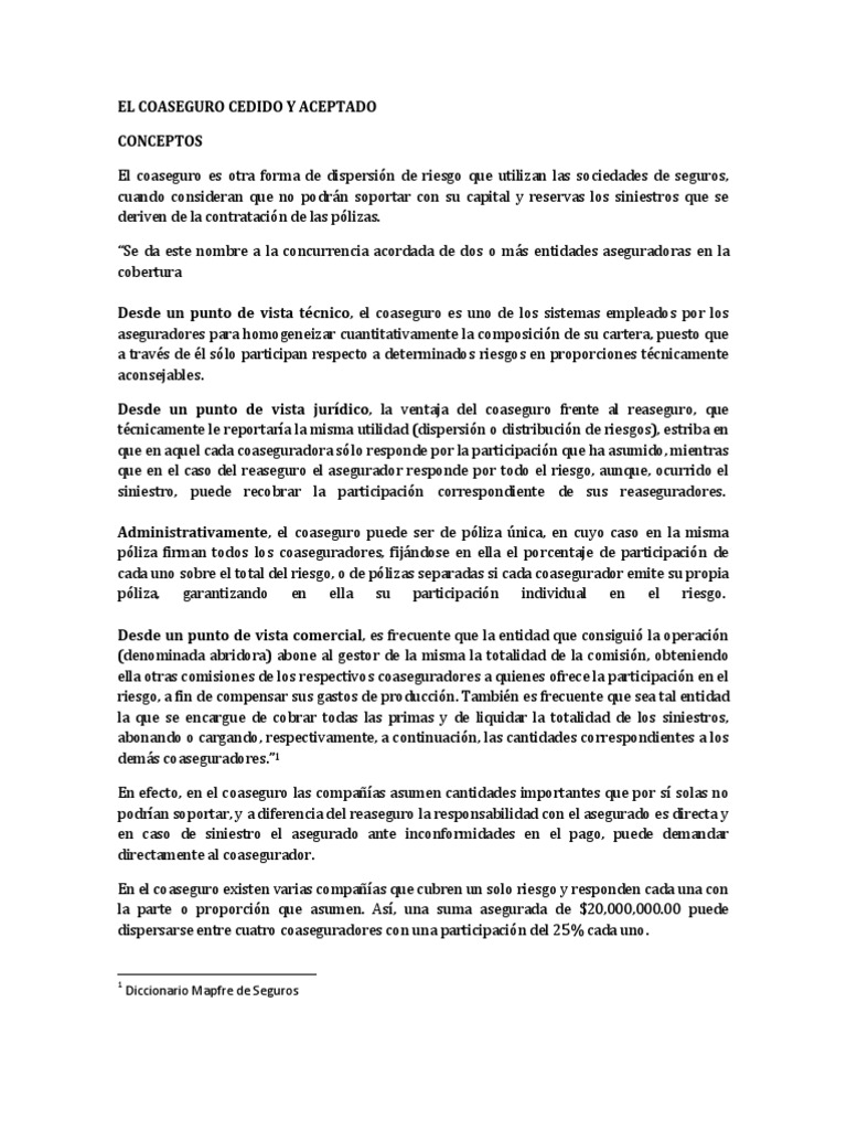 El Coaseguro Cedido y Aceptado | Descargar gratis PDF | Póliza de seguros | Reaseguro