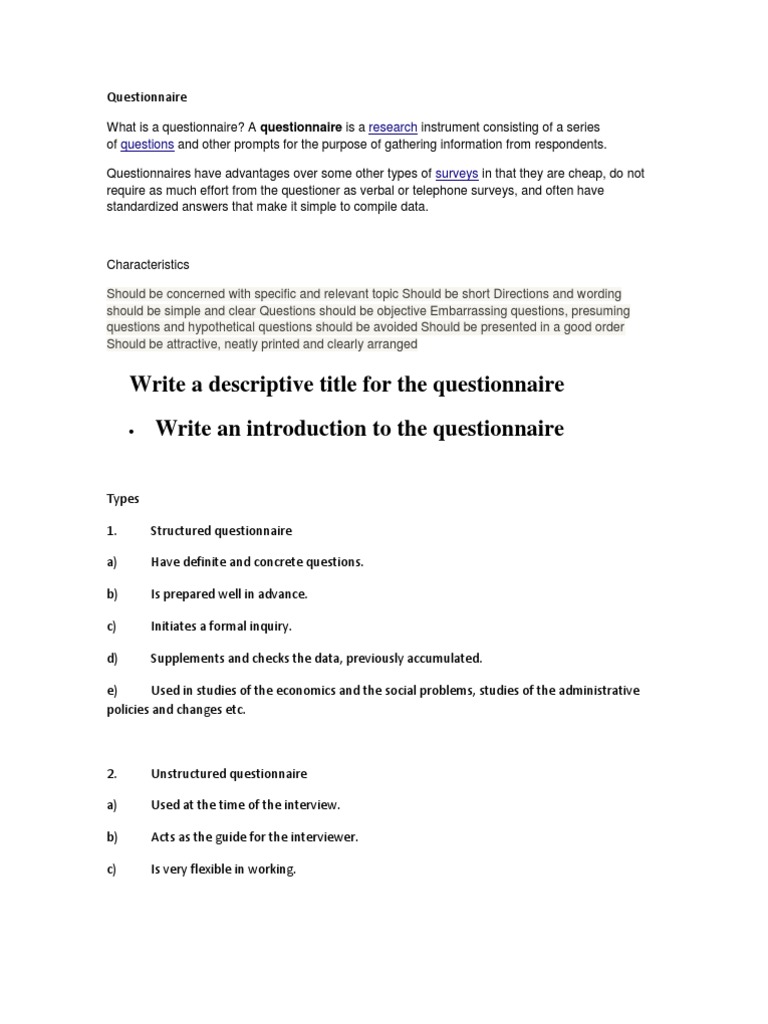 Write A Descriptive Title For The Questionnaire Write An Introduction ...