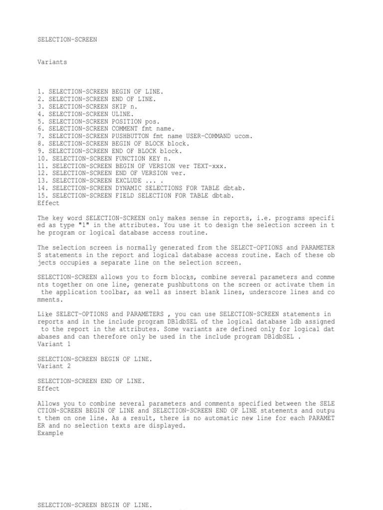 Selection Screen | PDF | Hierarchy | Parameter (Computer Programming)