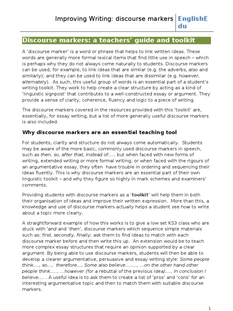 Discourse Markers Toolkit for Essays | PDF | Essays | Discourse